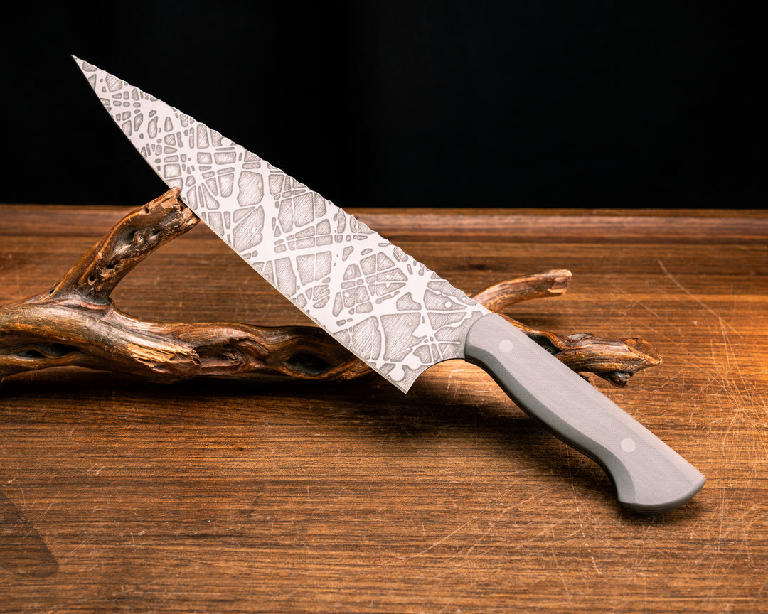 10" Chef Blade- Grey G10, Grey G10 Pins, Smooth Grip – Half Face Blades