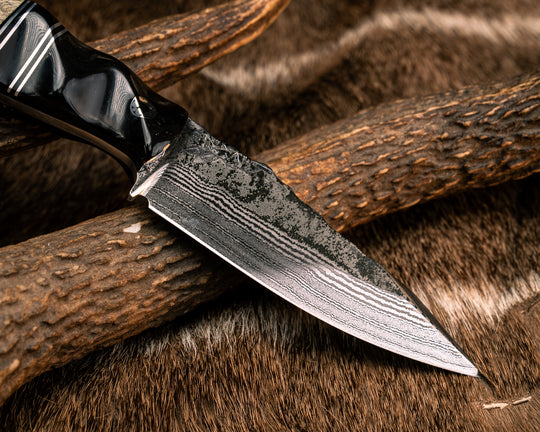 Field Knife Jr- Baker Forge Random Pattern Damascus- Bison Horn, Black ...