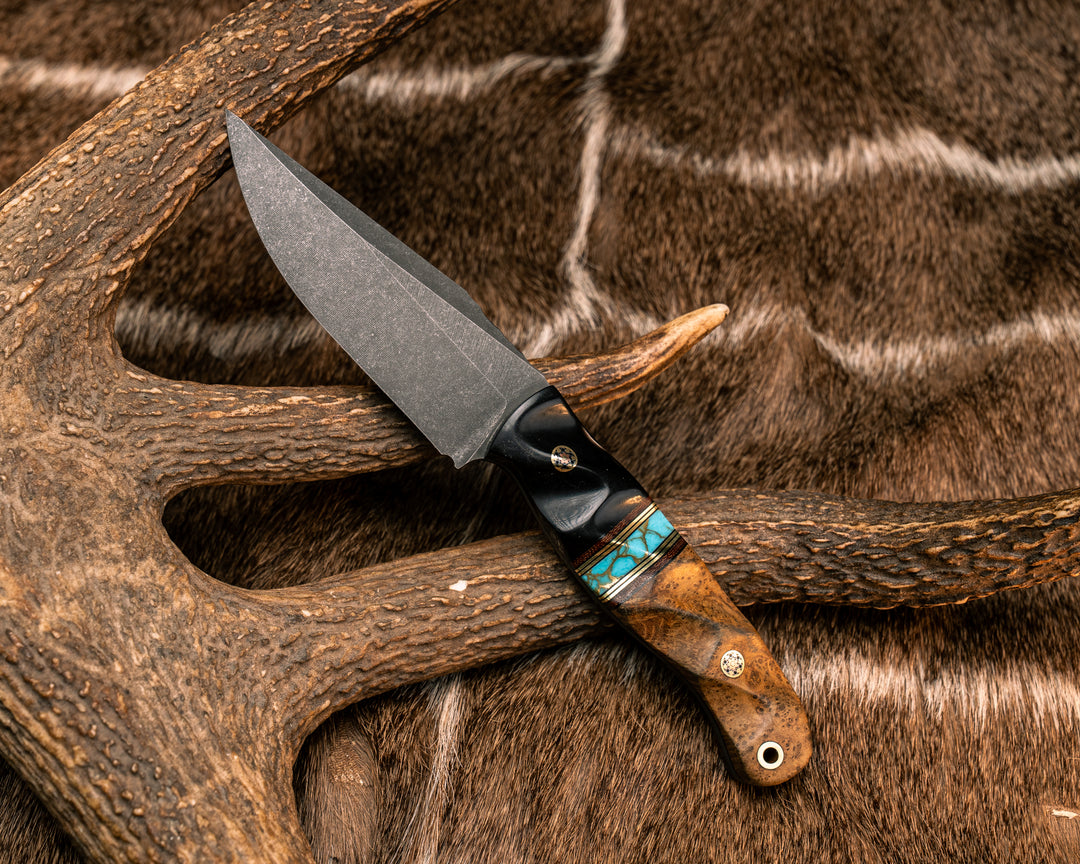 Drop Point Scalper- Bison Horn, Black G10, Brown Canvas Micarta and Br ...