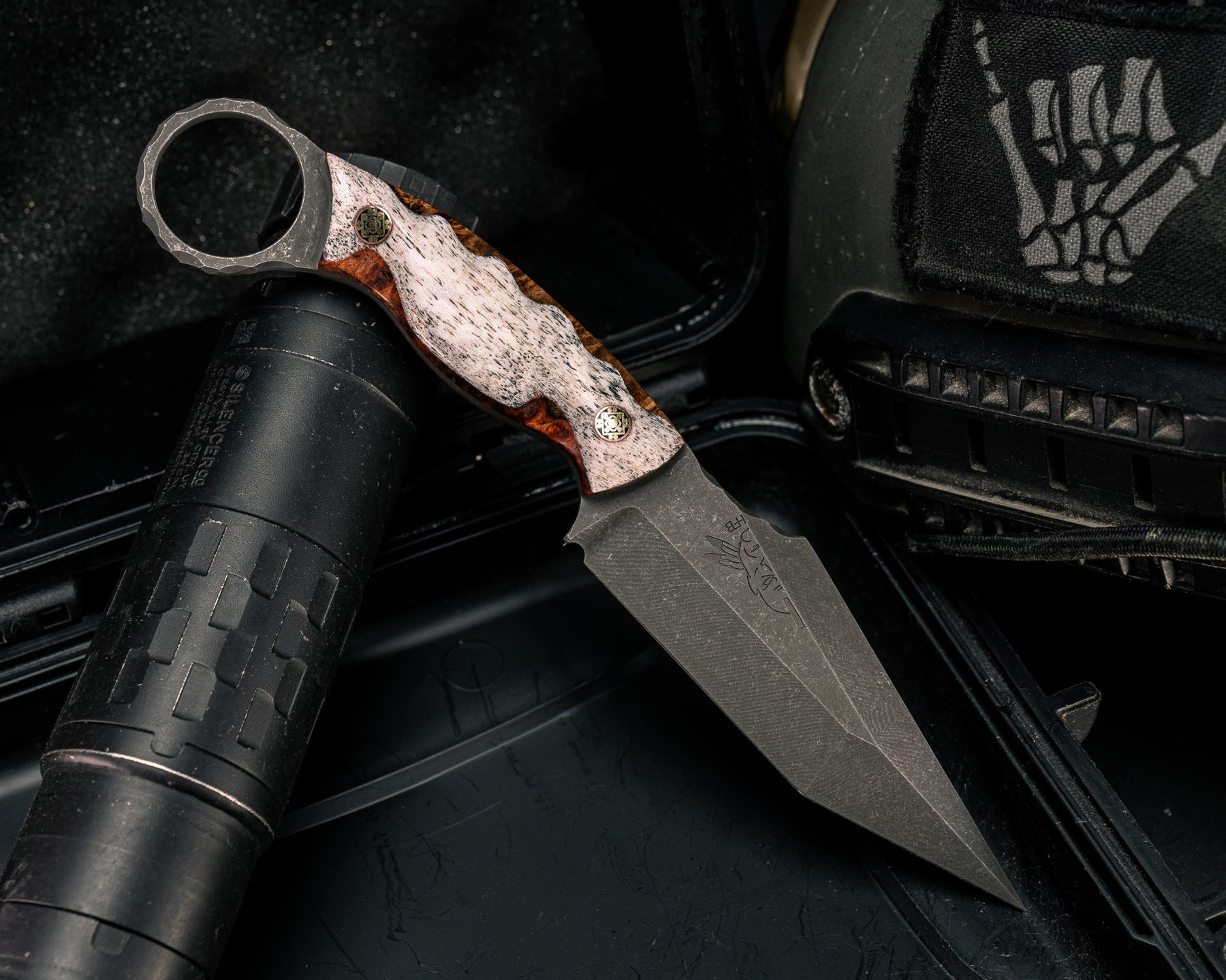 Ringed Tac Tanto- CO Elk Antler over Lion's Blood Amboyna, Mosaic Pins ...