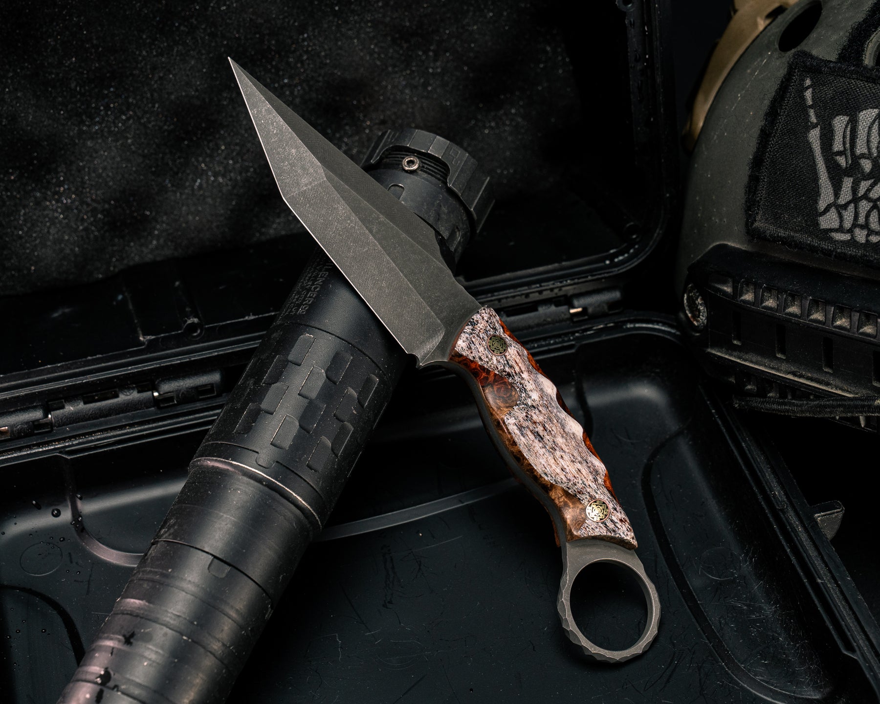 Ringed Tac Tanto- CO Elk Antler over Lion's Blood Amboyna, Mosaic Pins ...