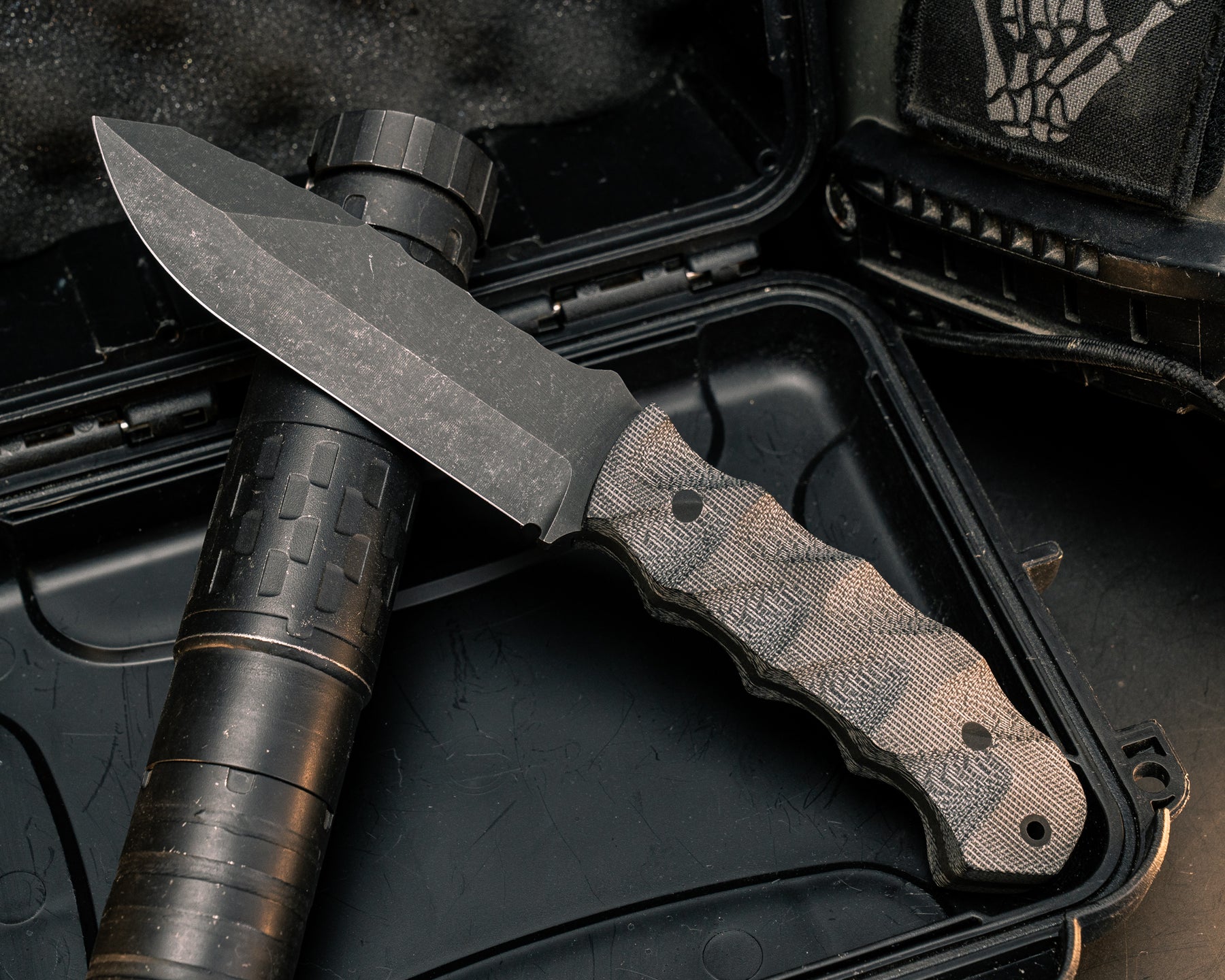 Disaster Breacher- Black Canvas Micarta, CF Pins, CF Lanyard Pin, Text ...
