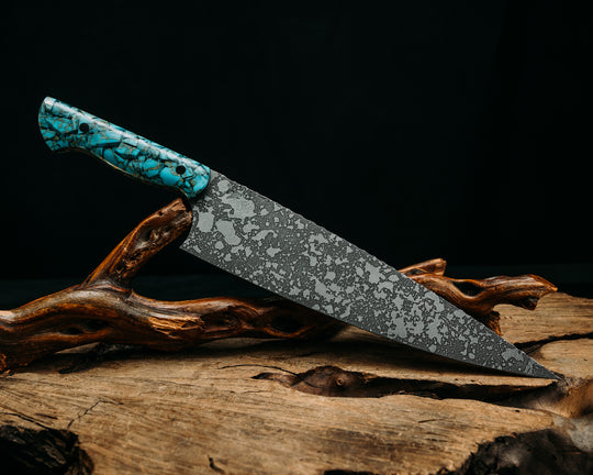 10" Chef Blade - Turquoise Tru LaRue Stone Resin, CF Pins, Smooth Grip ...