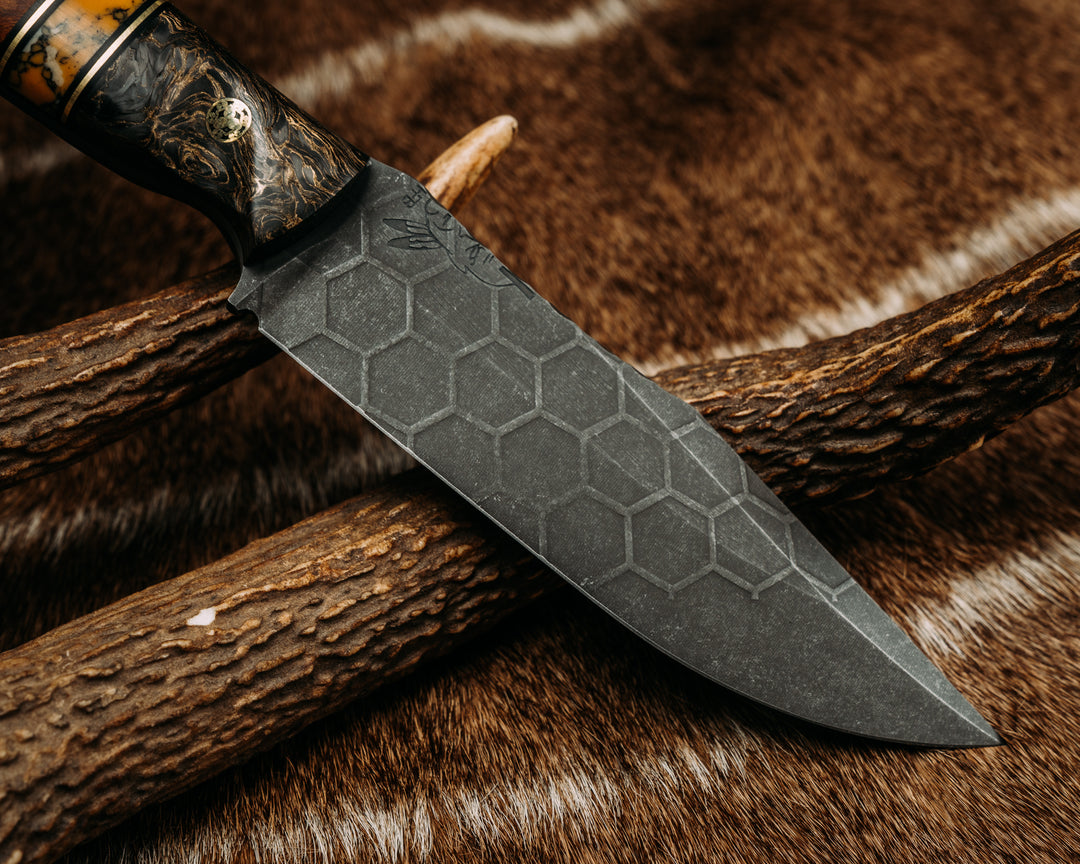 Crow Scout Drop Point- Gold Dark Matter Carbon, Black G10 and Brass Pi ...