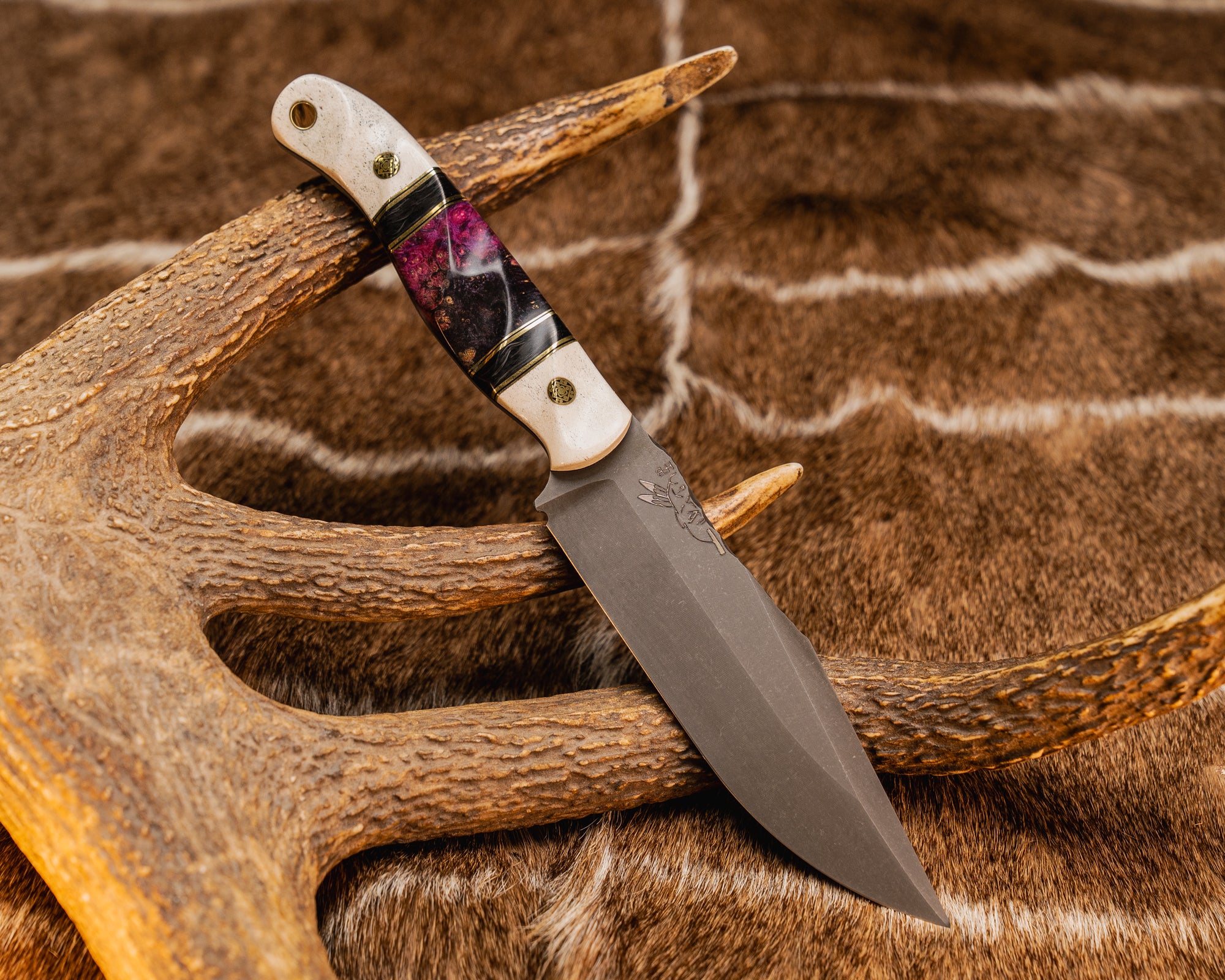 Crow Scout Drop Point- Brass and Black G10 Pin Striping, Black Dark Ma ...