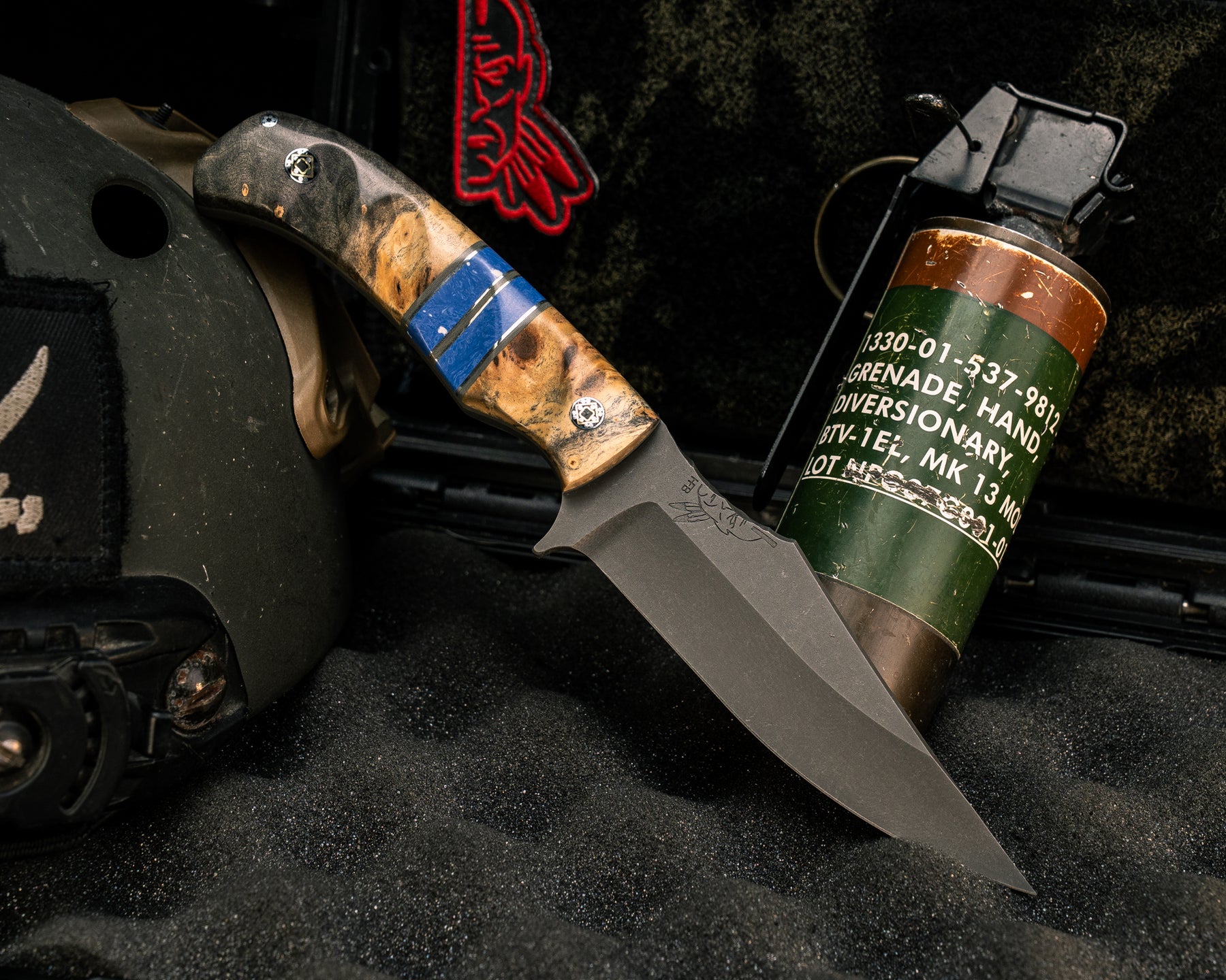 Tosahwi- Buckeye Burl, Grey G10 and Aluminum Pin Striping, Stone Split ...