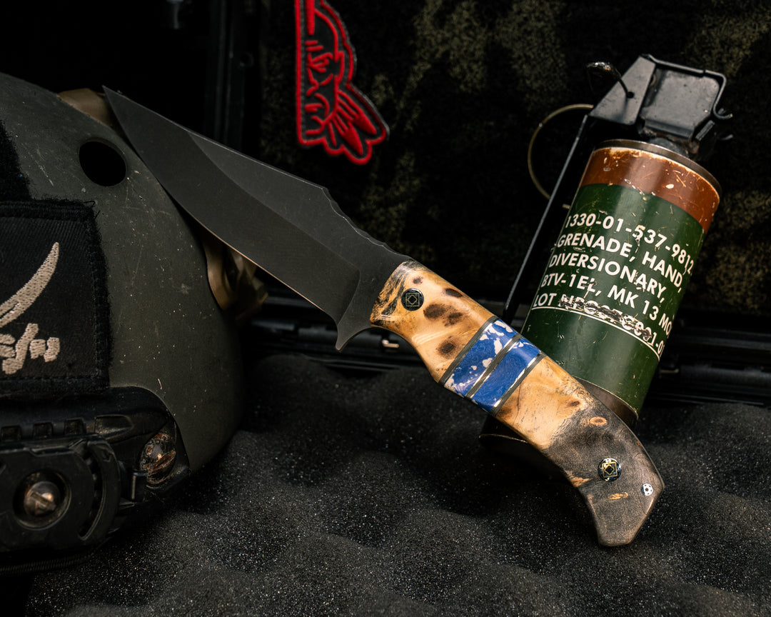 Tosahwi- Buckeye Burl, Grey G10 and Aluminum Pin Striping, Stone Split ...