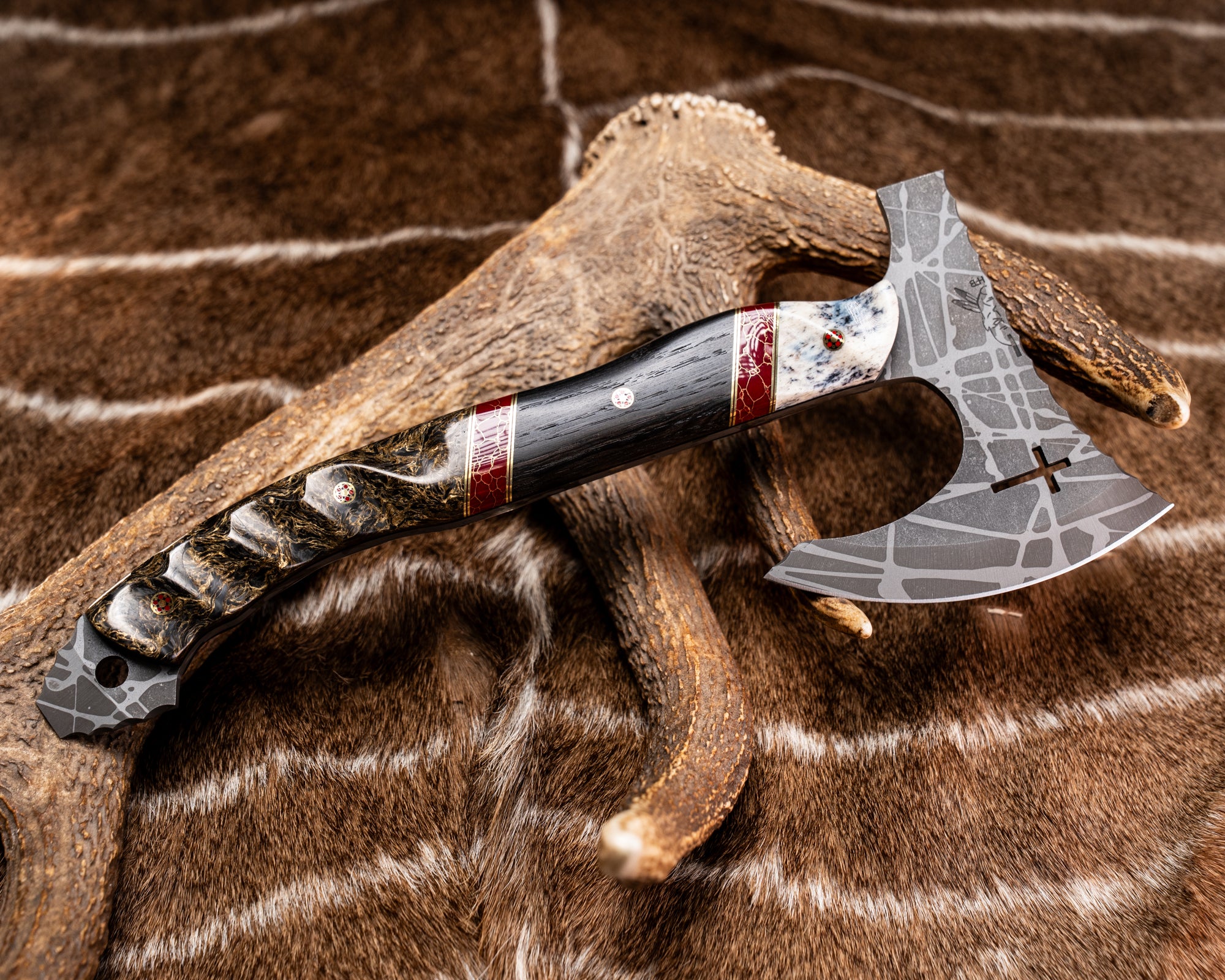 Viking Operator Hawk- Dyed Giraffe Bone, Brass and Cherry G10 Pin Stri ...