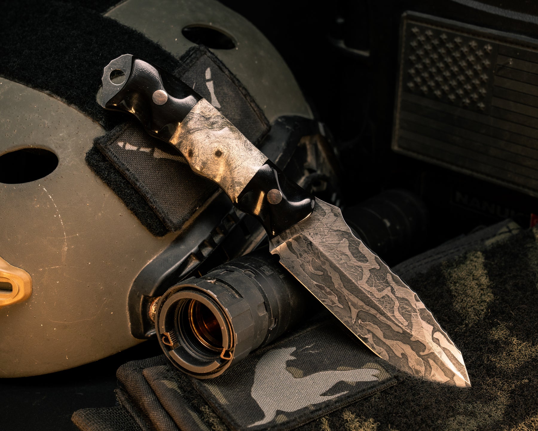 Disaster Jr- Bison Horn, Buckeye Burl Split, Bronze Pins, Textured Gri ...