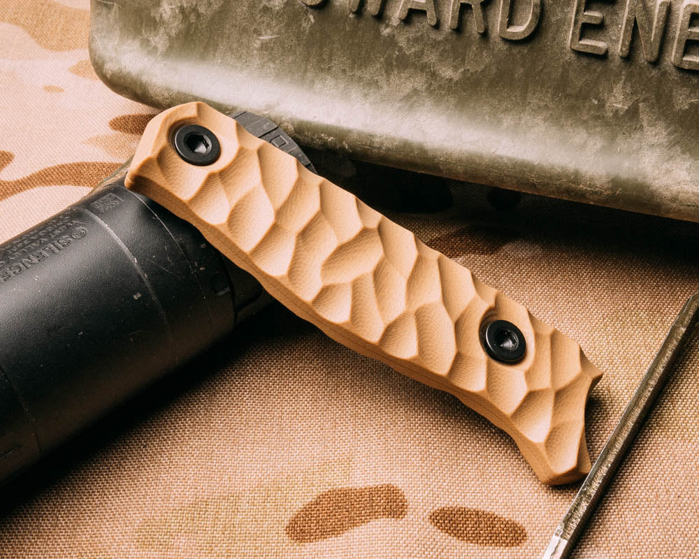 Field Knife Scales- Coyote G10, allen bolts, chaos grip – Half Face Blades