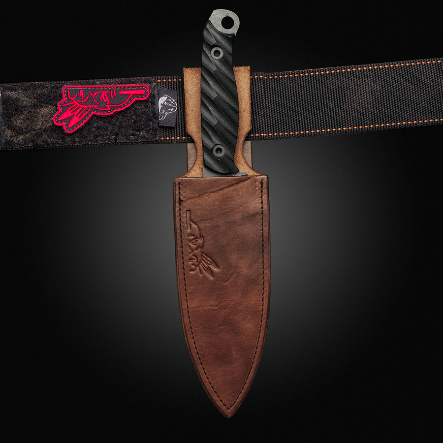 Drop leg SHEATH (large), tan leather belt loop carry, – Half Face Blades