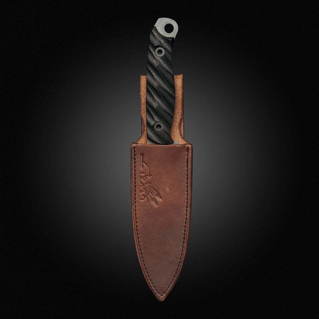 Drop leg sheath (small), tan leather belt loop carry – Half Face Blades