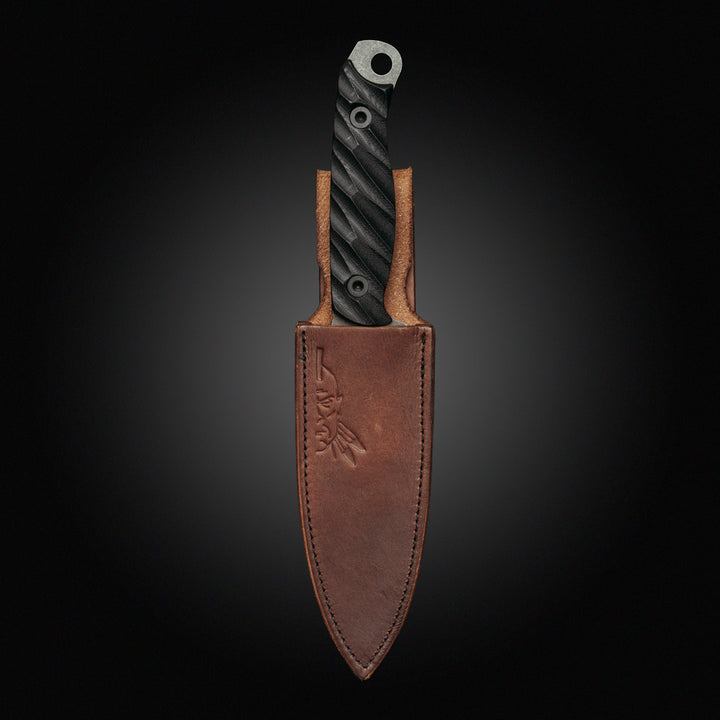 Drop leg sheath (small), tan leather belt loop carry – Half Face Blades