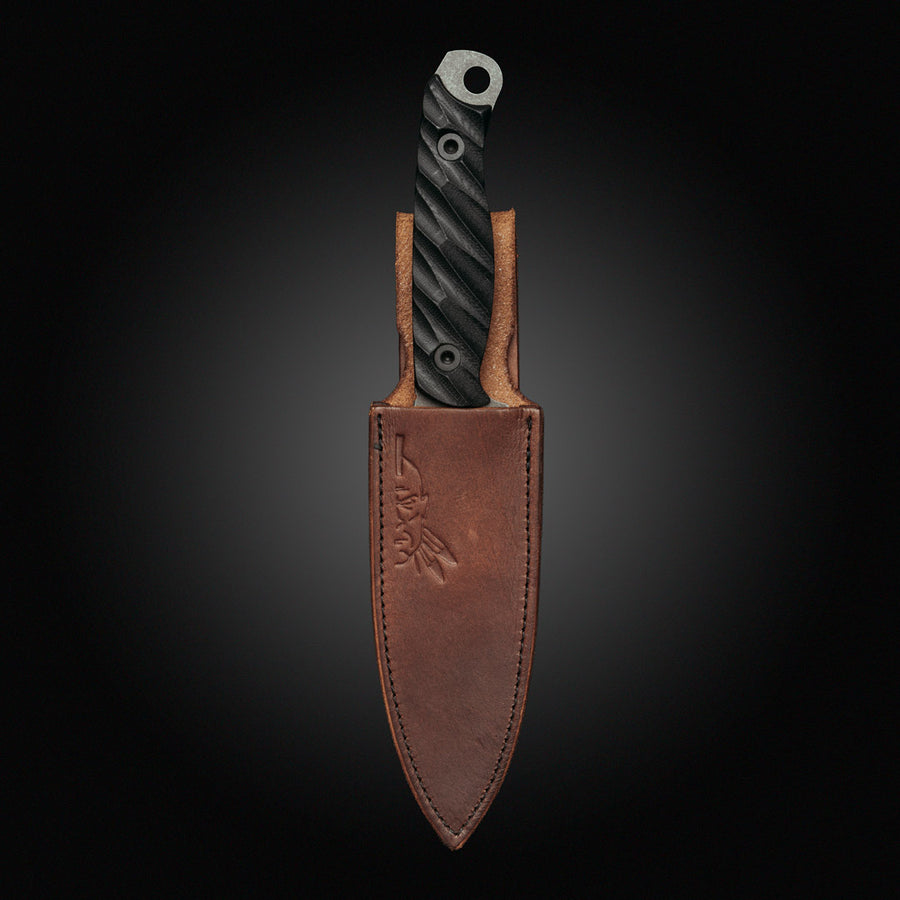 Drop leg sheath (small), tan leather belt loop carry – Half Face Blades